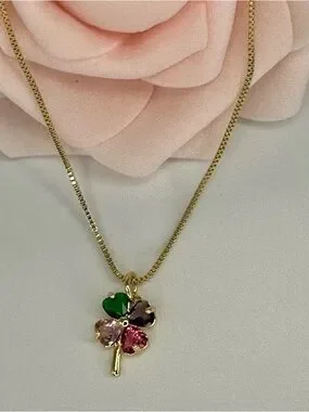 Jewelry | Gold Clover Necklace Cz Multicolor Heart Pendant Dainty ...